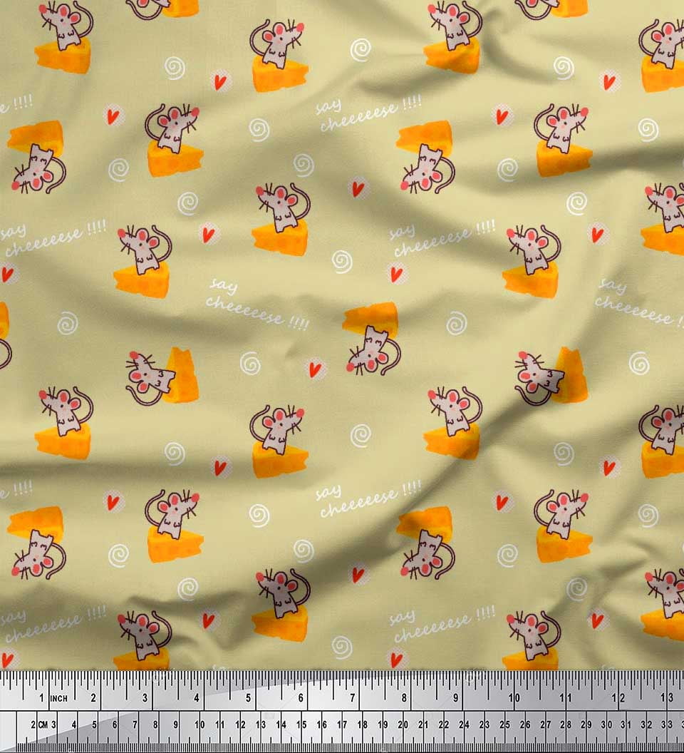 Soimoi Beige Satin Silk Fabric Cheese Slice & Rats Kids Printed Craft ...