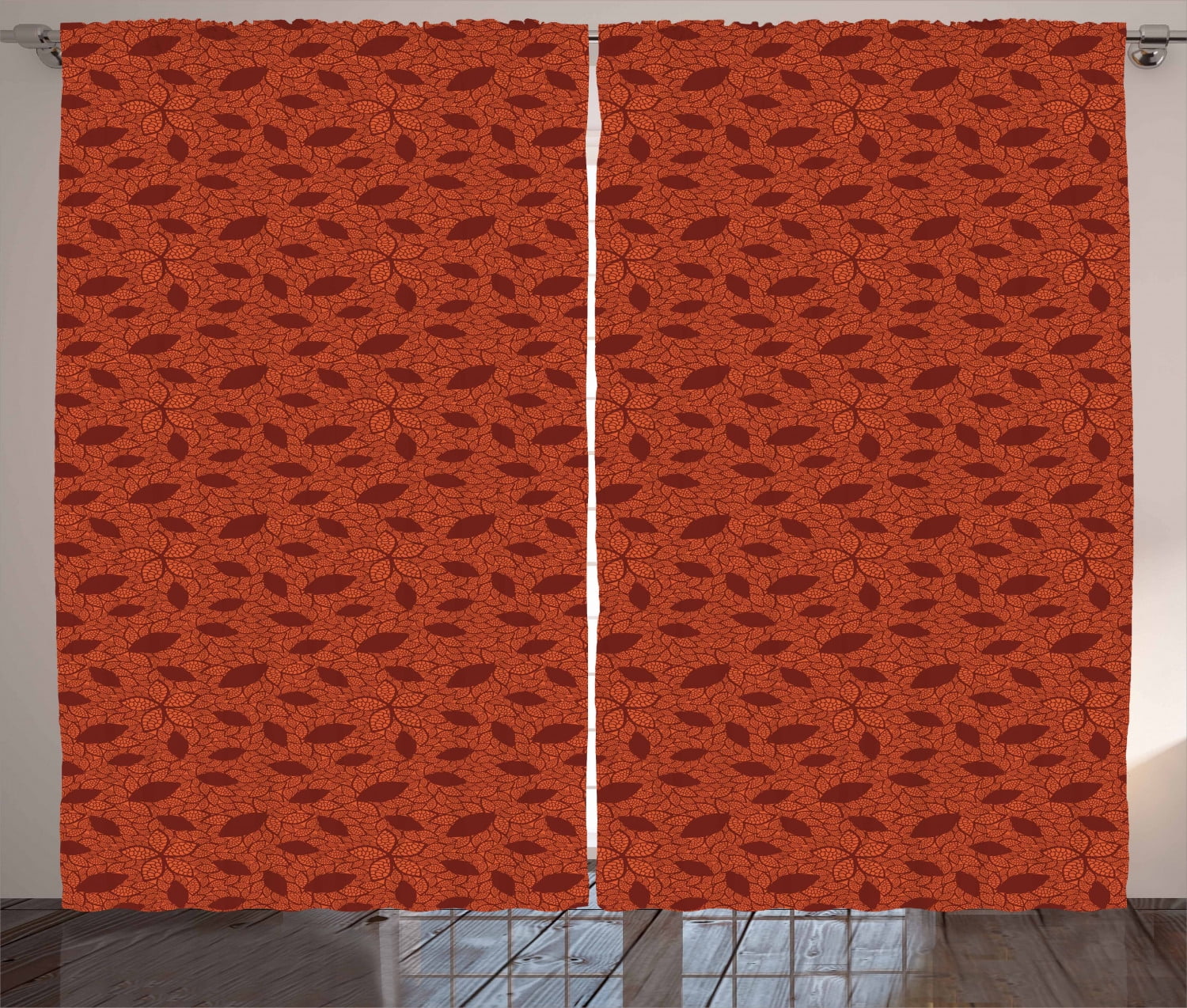 Burnt Orange Curtains 2 Panels Set Leafage Pattern With Victorian Lace