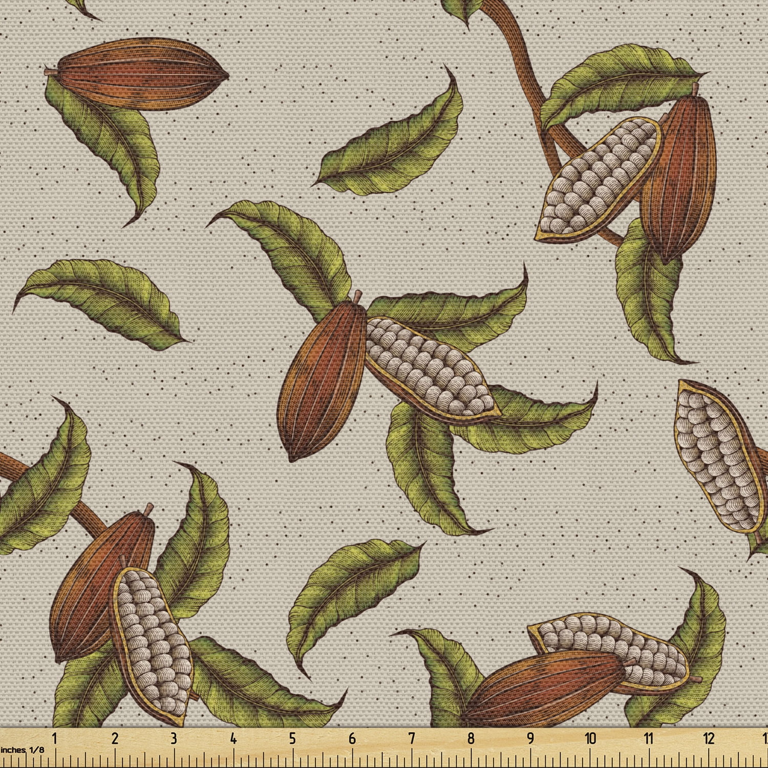 Botanical Fabric by the Yard, Classical Cacao Plant and Leaves Print on ...