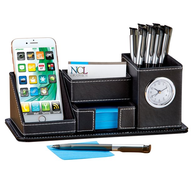 Elegant Black Desktop Organizer with Built-in Analog Clock - Faux ...