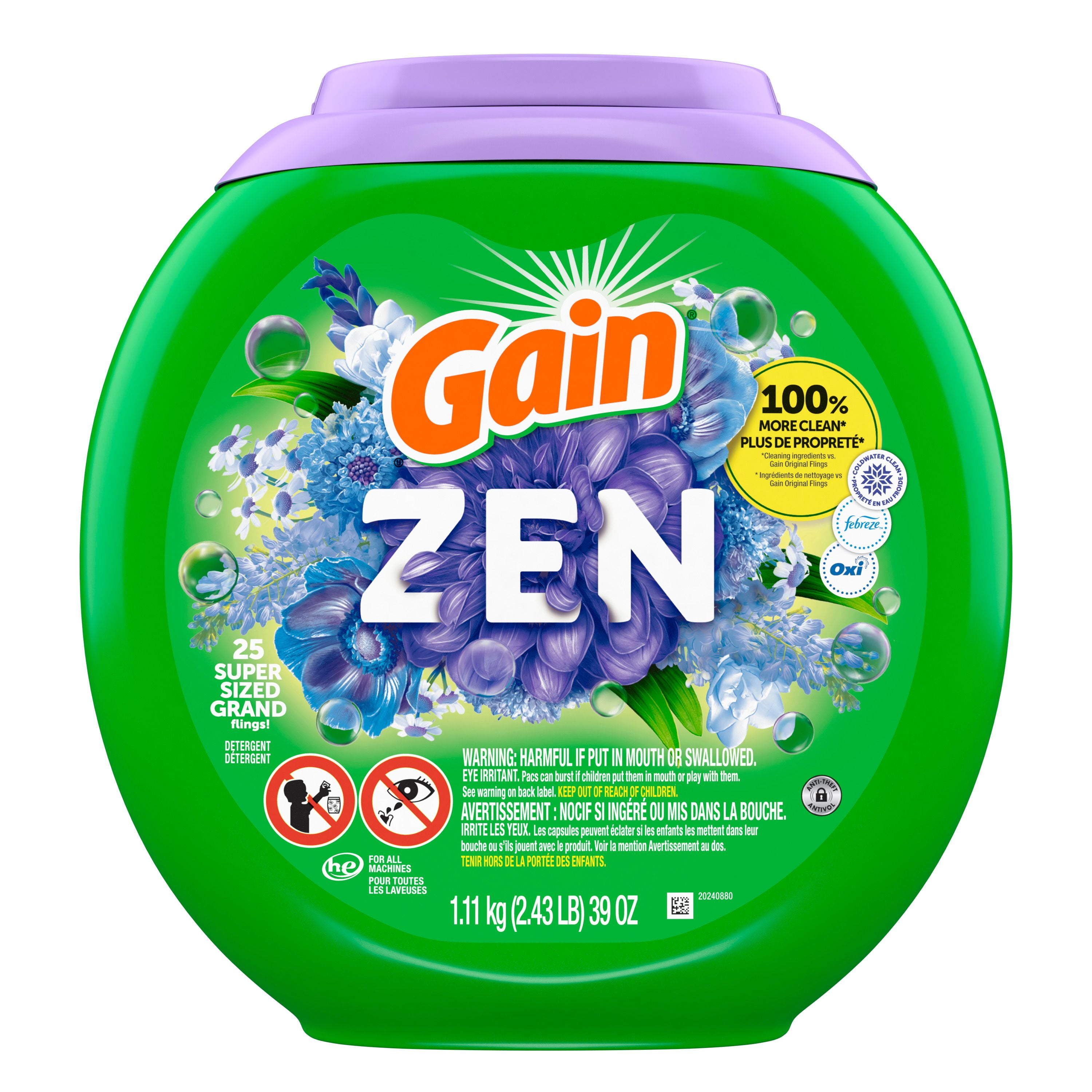 Gain Super Sized Flings Laundry Detergent Pacs, Zen, 3-in-1 Detergent ...
