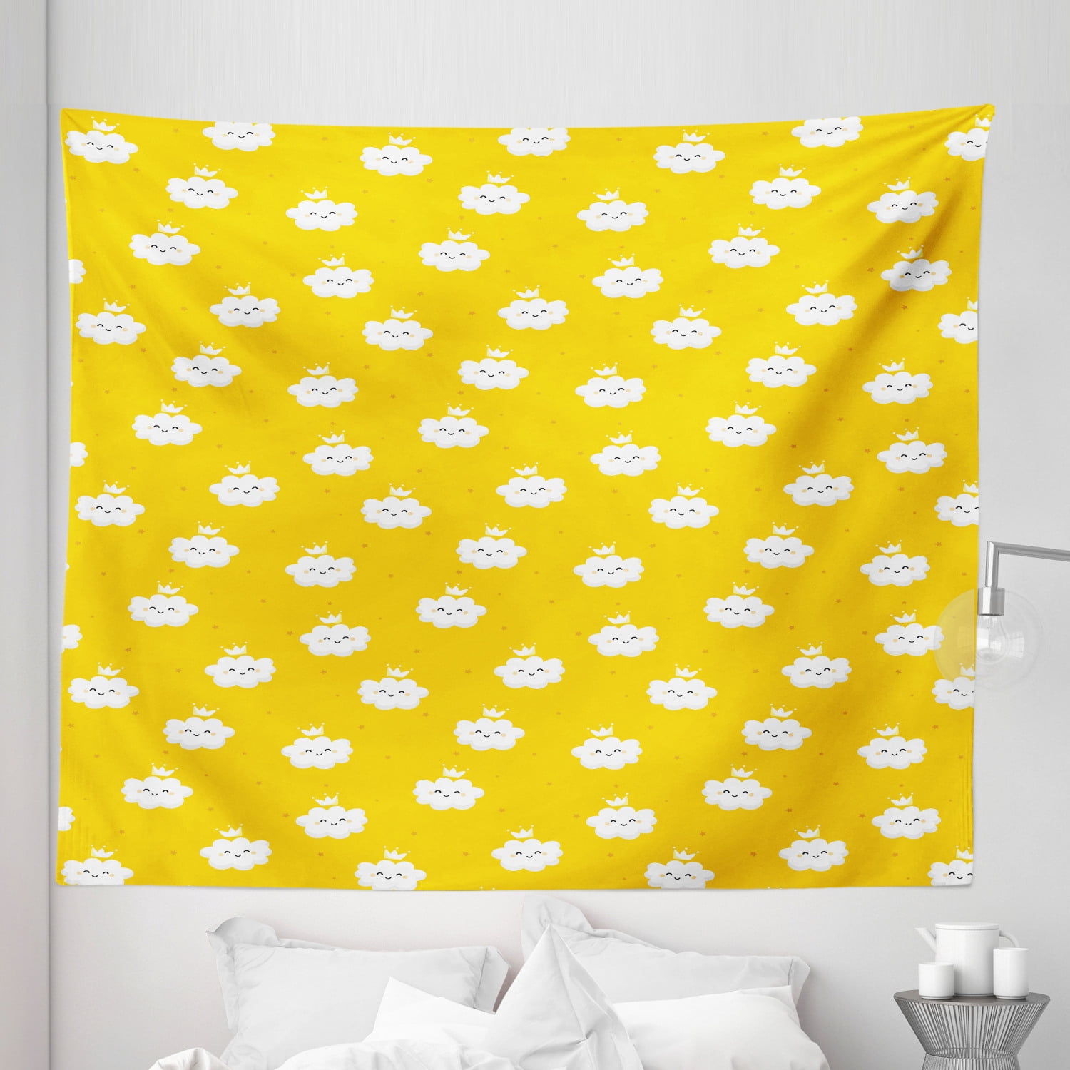 Yellow and White Tapestry, Cloud Cartoones with Crown on Star Patterned ...