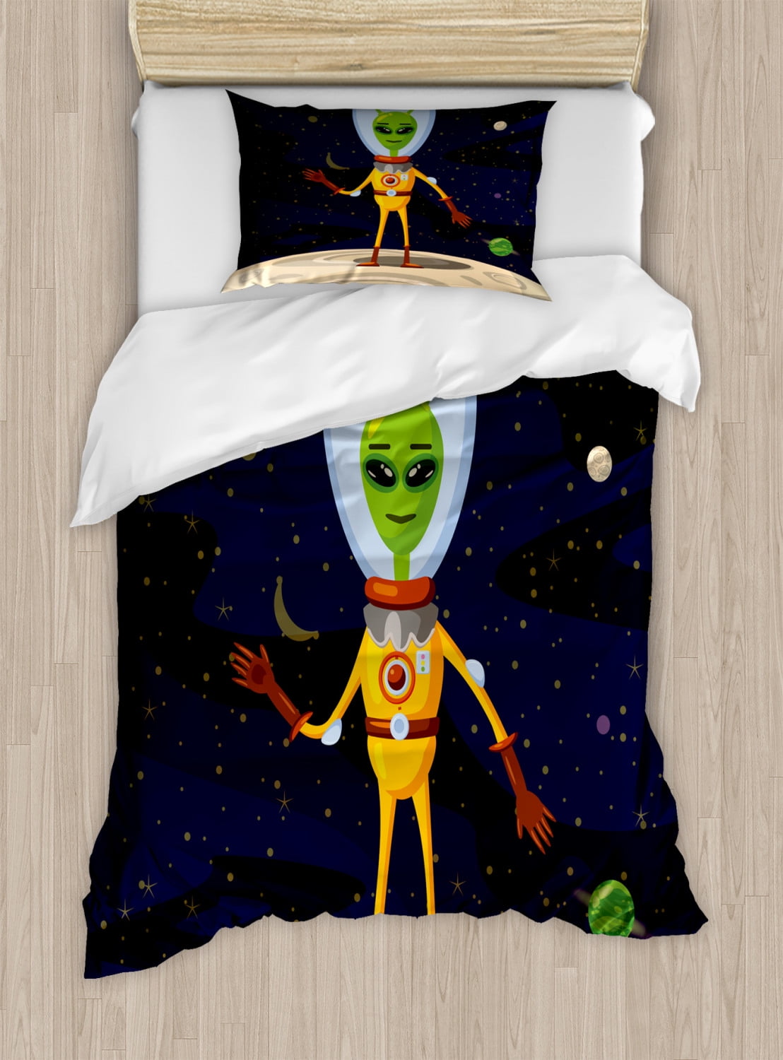 Alien Duvet Cover Set Twin Size, Ufo Cartoon of Funny Creature in ...