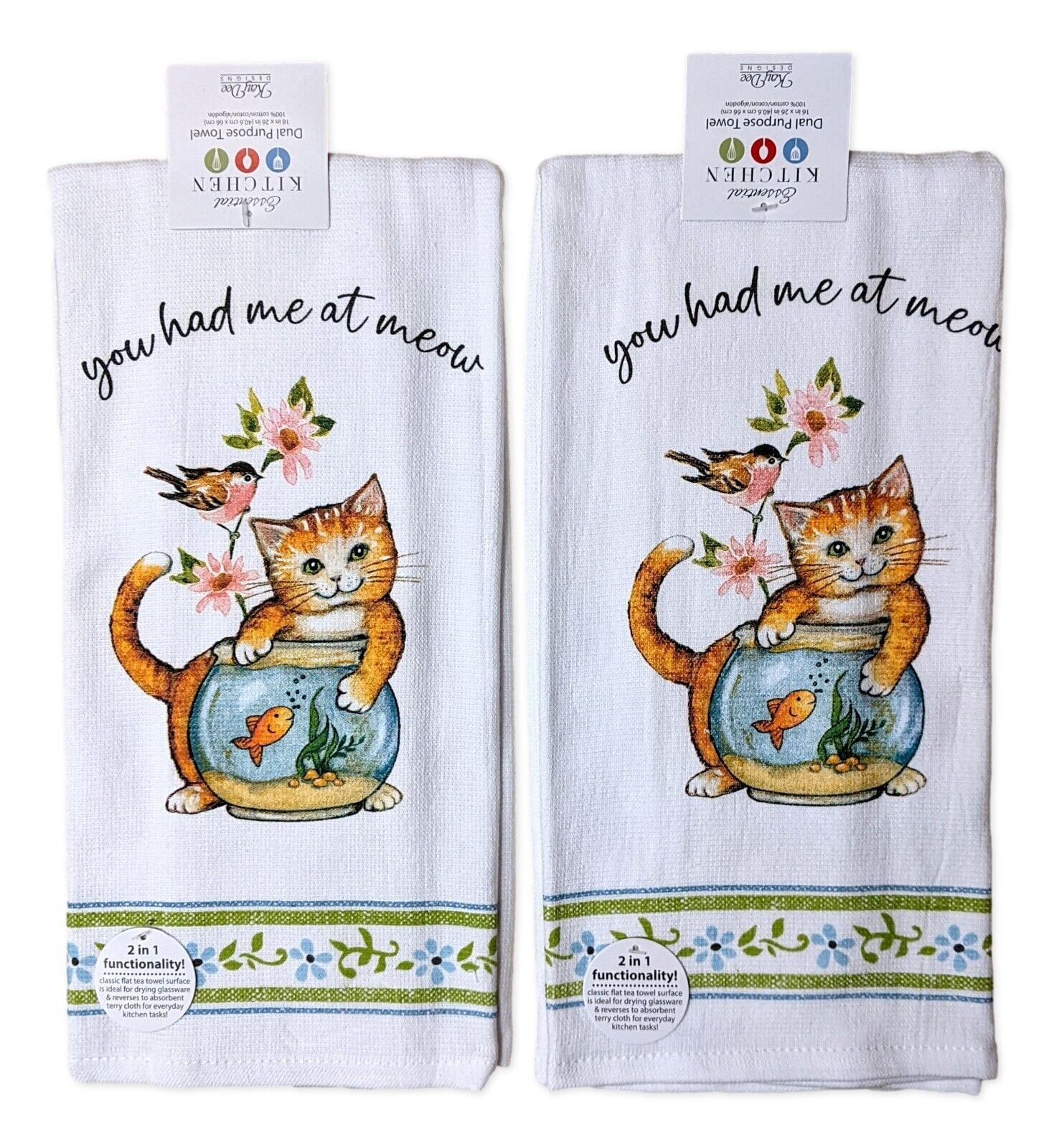 Set of 2 YOU HAD ME AT MEOW Curious Kittens Terry Kitchen Towels Kay ...