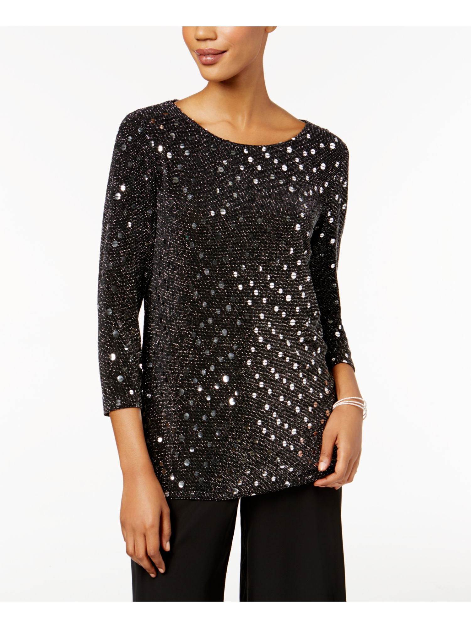 MSK Womens Black Sequined Polka Dot 3/4 Sleeve Scoop Neck Top L ...