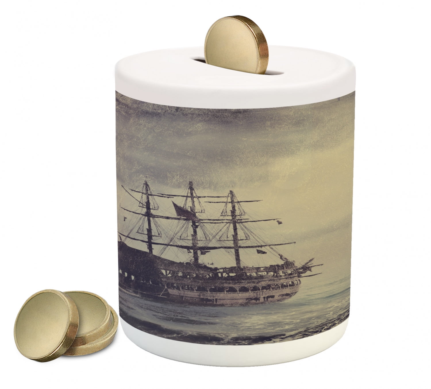 Nautical Piggy Bank, Old Pirate Ship in the Sea Historical Cruise Retro ...