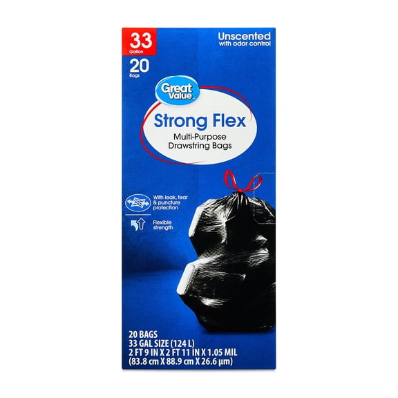 Great Value Strong Flex 33-Gallon Drawstring Multi-Purpose Trash Bags ...