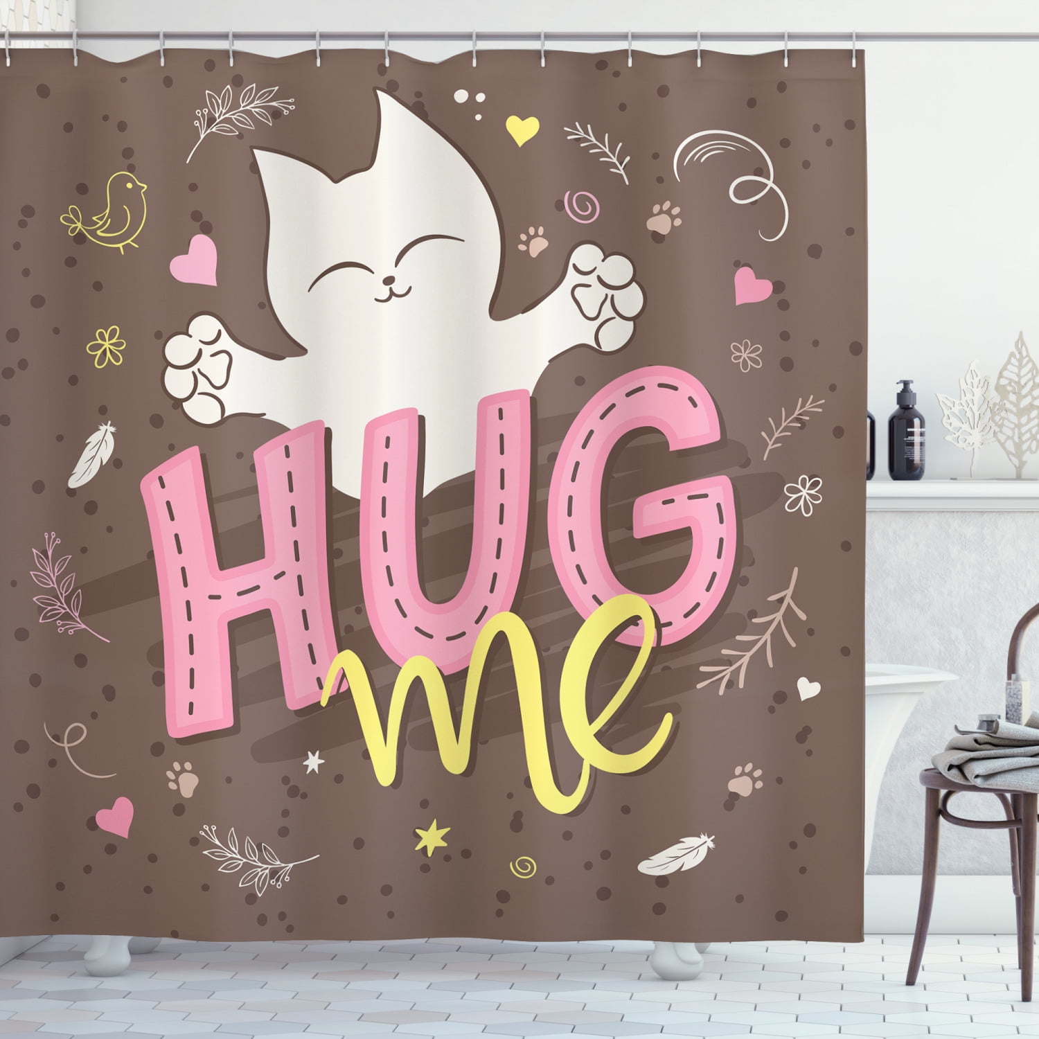 Hug Shower Curtain, Doodle Style Hug Me Lettering with Cat, Fabric ...