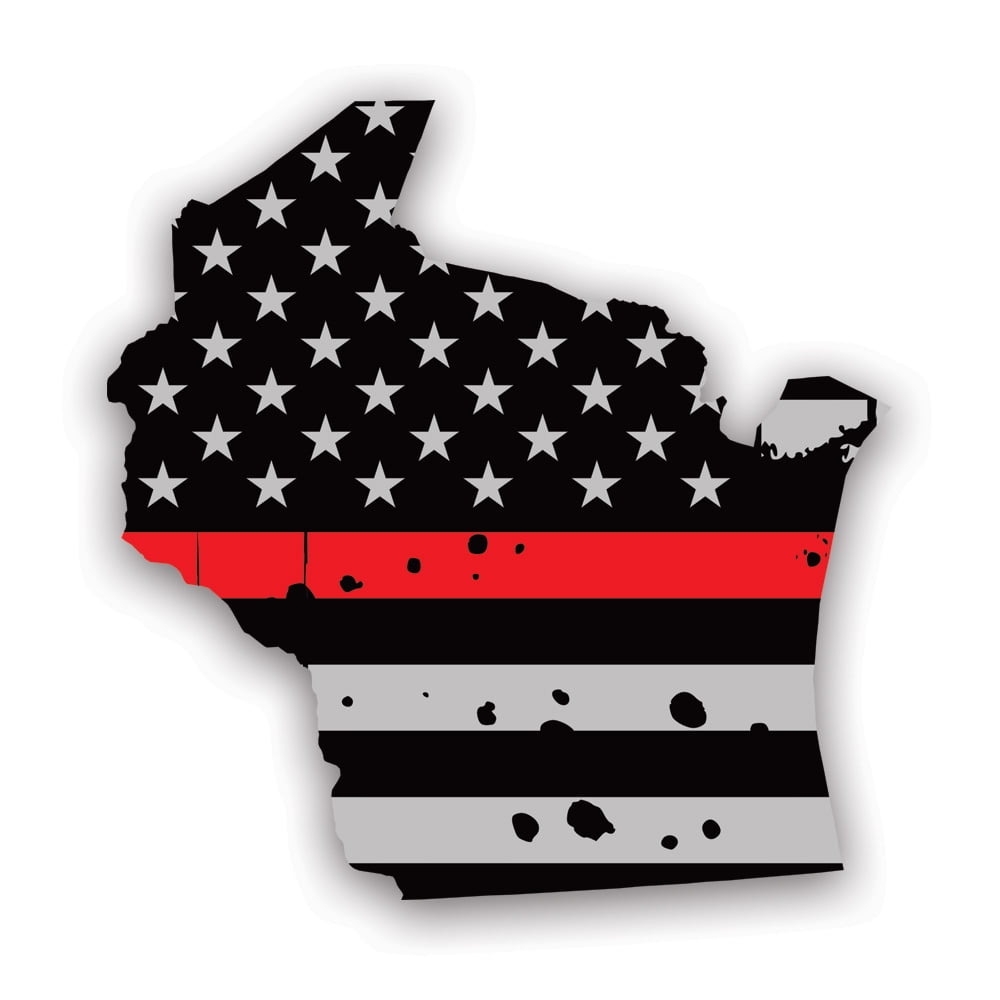 Distressed Wisconsin State Shaped Subdued US Flag Thin Red Line Sticker ...
