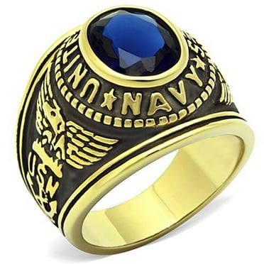 5.0ct Blue Sapphire USA Navy Male Military Signet Ring Steel IP 14K ...