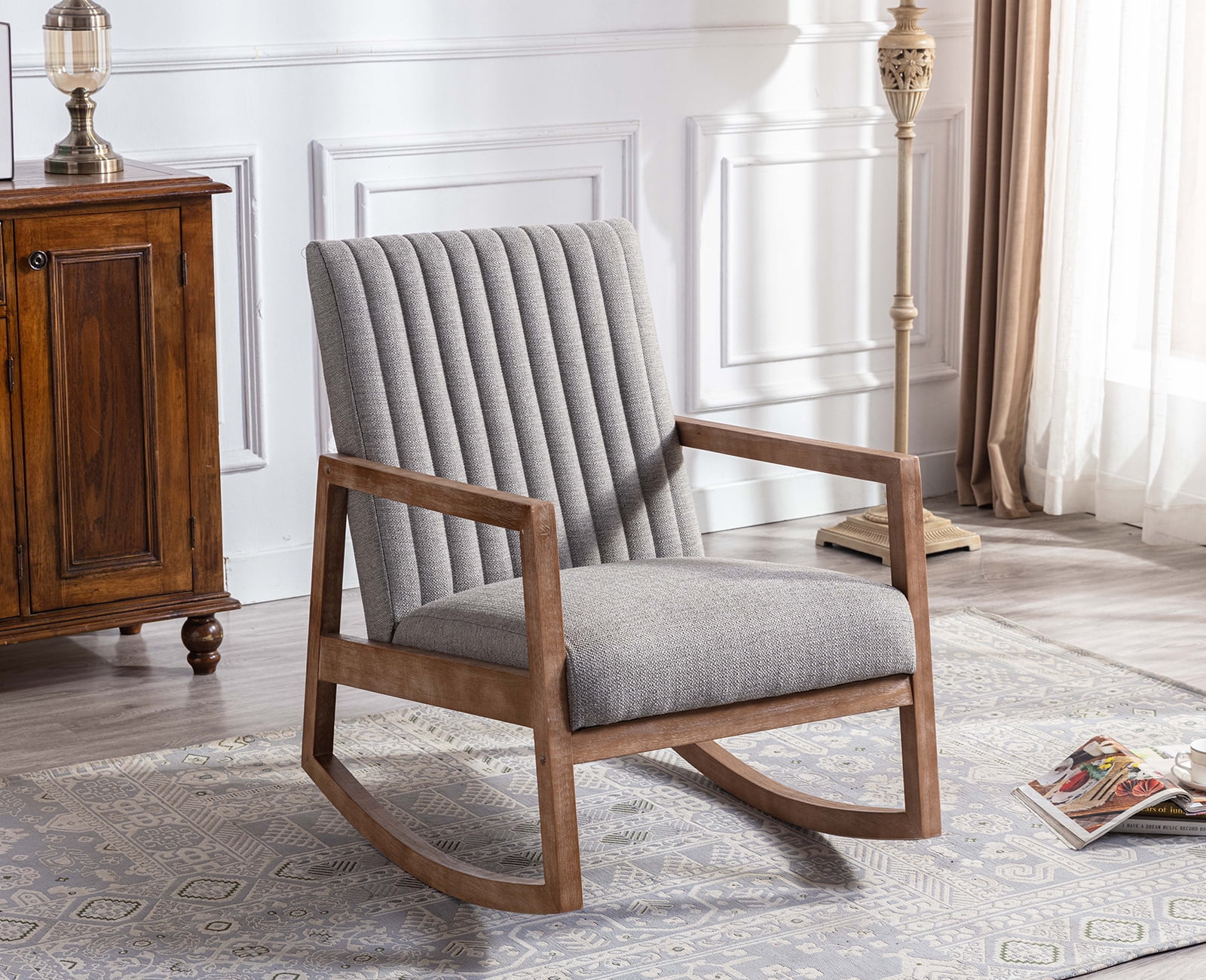 Guyou Modern Rocking Chair, Mid Century Linen Upholstered Farmhouse ...
