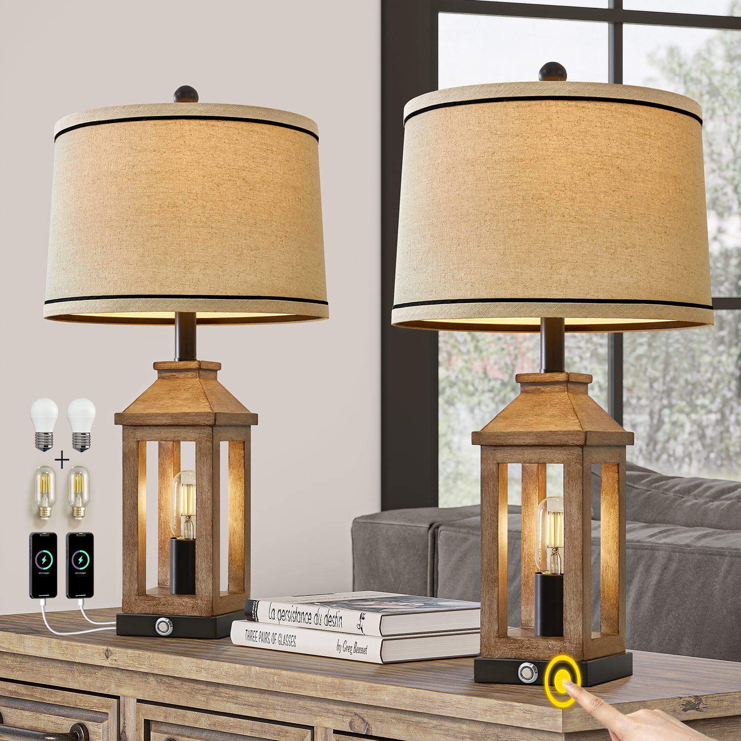 Oneach Touch Control Table Lamp Set of 2 with USB Ports 3-Way Dimmable ...