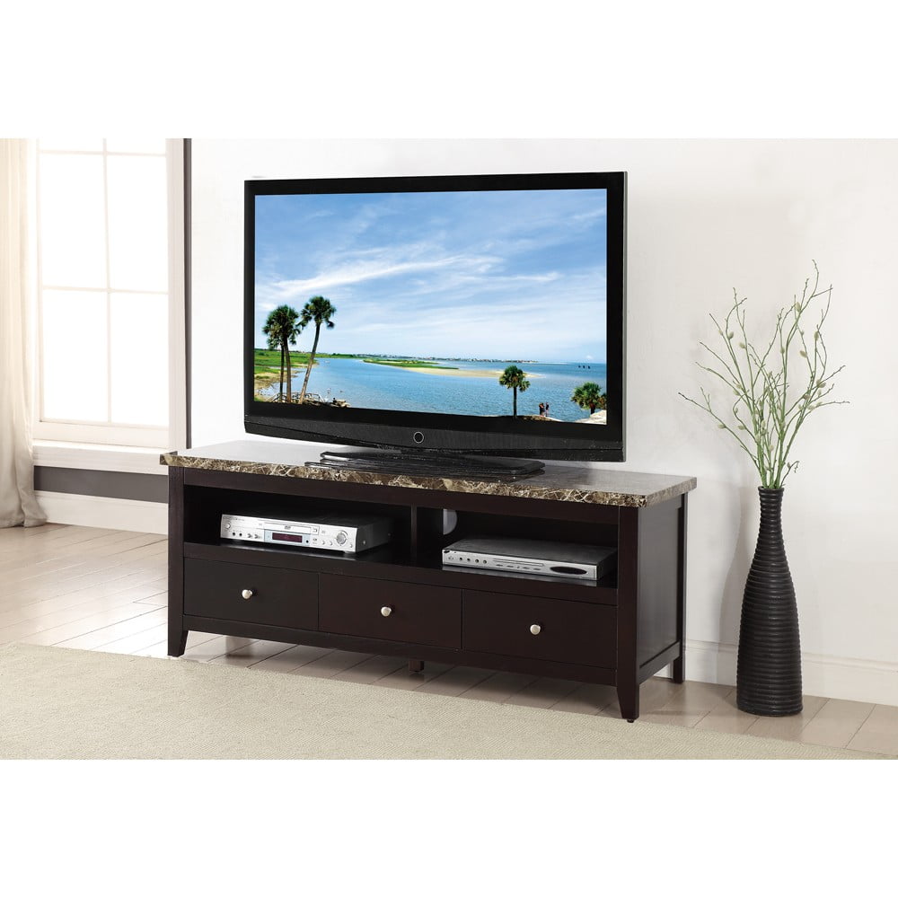 Wood & Marble TV Stand With 3 Drawers and 2 Shelves, Espresso Brown ...
