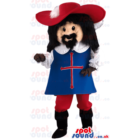 Black haired musketeer SPOTSOUND Mascot with red hat-blue robe and ...