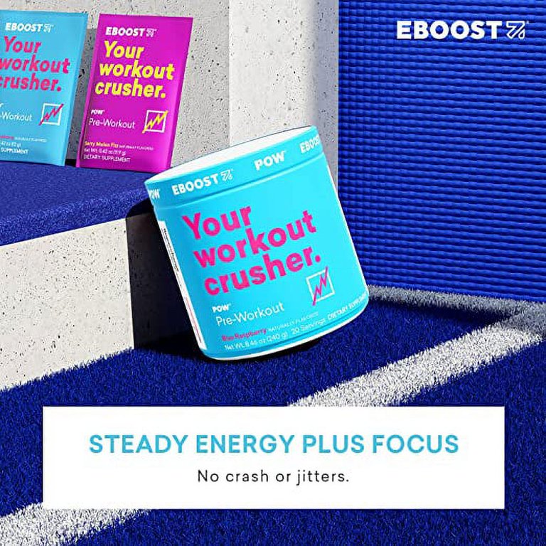 EBOOST POW Blue Raspberry Natural Pre-Workout Powder, 20 servings, oz