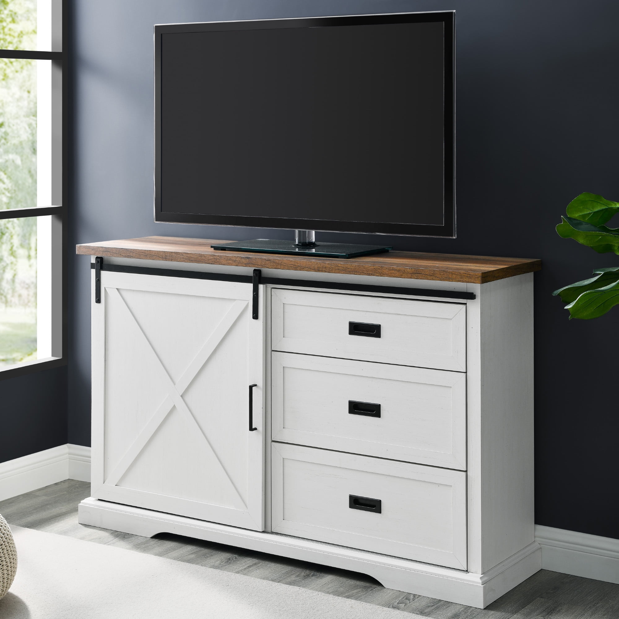 Manor Park Sliding Door TV Stand for TVs up to 60", White/Barnwood ...