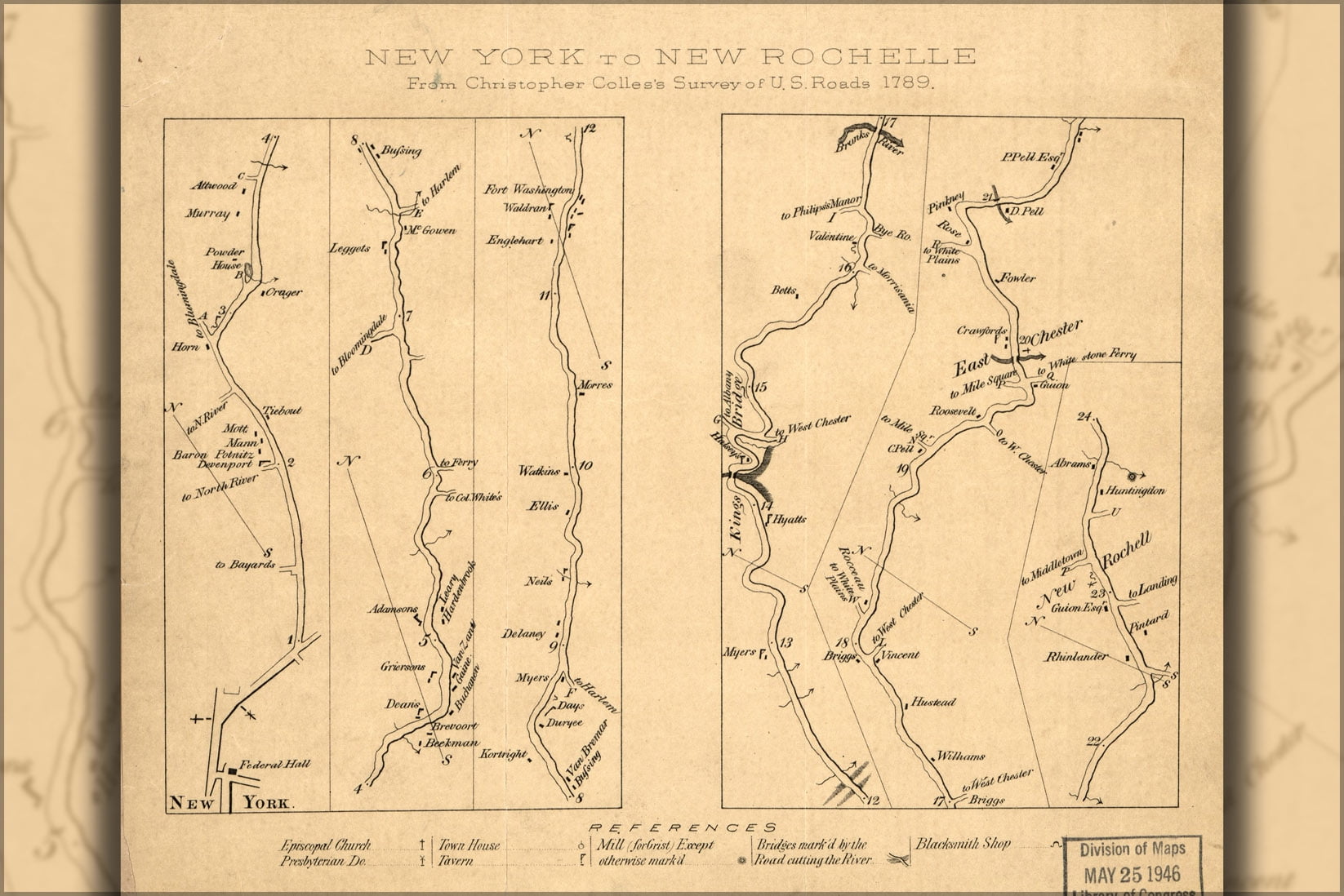 24"x36" Gallery Poster, map of New York city to New Rochelle 1789 ...