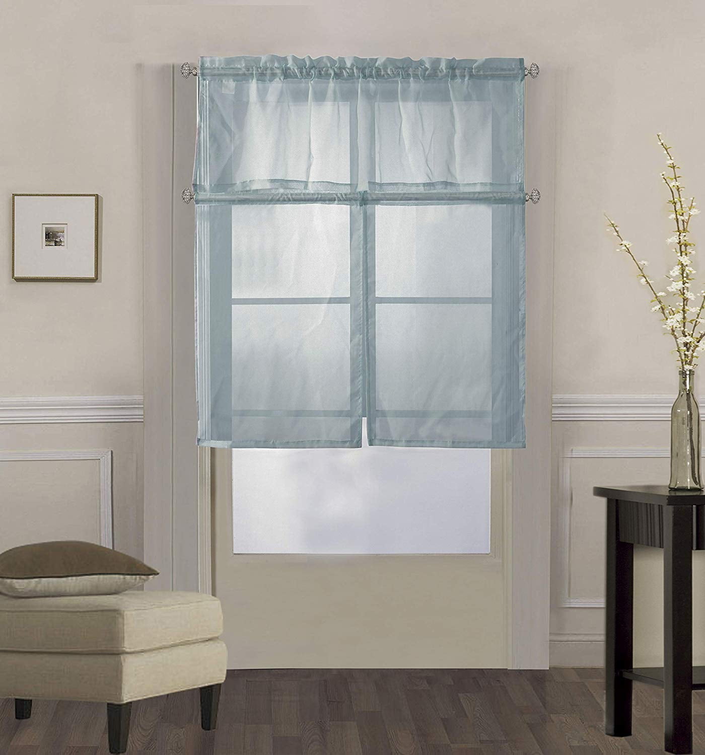 Decotex 3 Piece Solid Sheer Voile Kitchen Window Curtain Tier & Valance ...