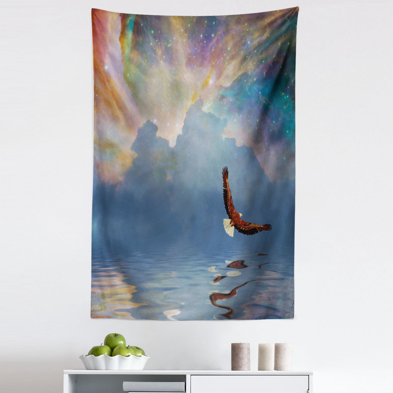 Eagle Tapestry, Majestic Huge Bird Flying Above the Sea into the Starry ...
