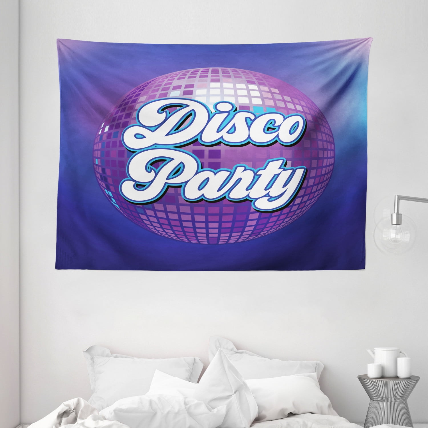 70s Party Decorations Tapestry, Retro Lettering on Disco Ball Night ...