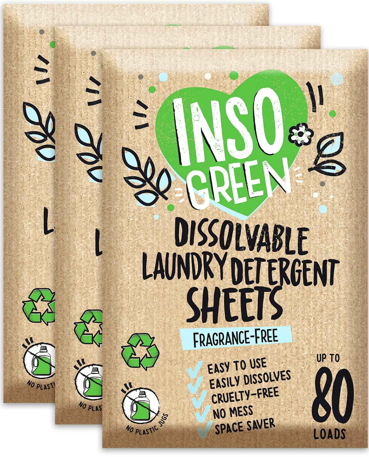 Detergente para ropa en láminas InsoGreen sin perfume, paquete de 3 ...
