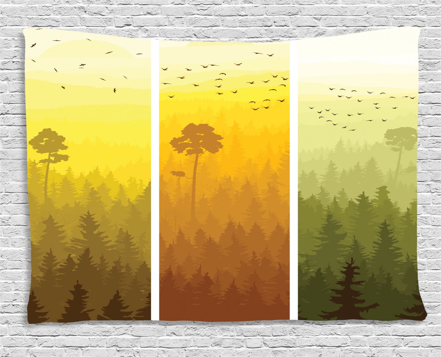 Forest Tapestry, Vertical Banners with Hills Trees and Birds Views from ...