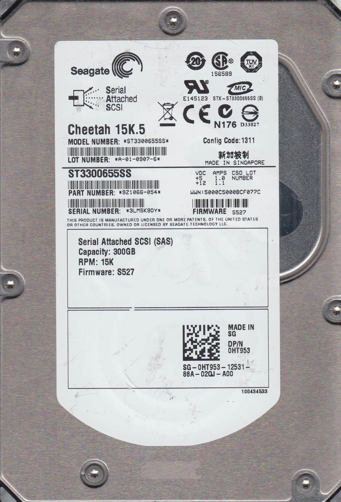 ST3300655SS, 3LM, PN 9Z1066-054, FW S527, Seagate 300GB SAS 3.5 Hard ...