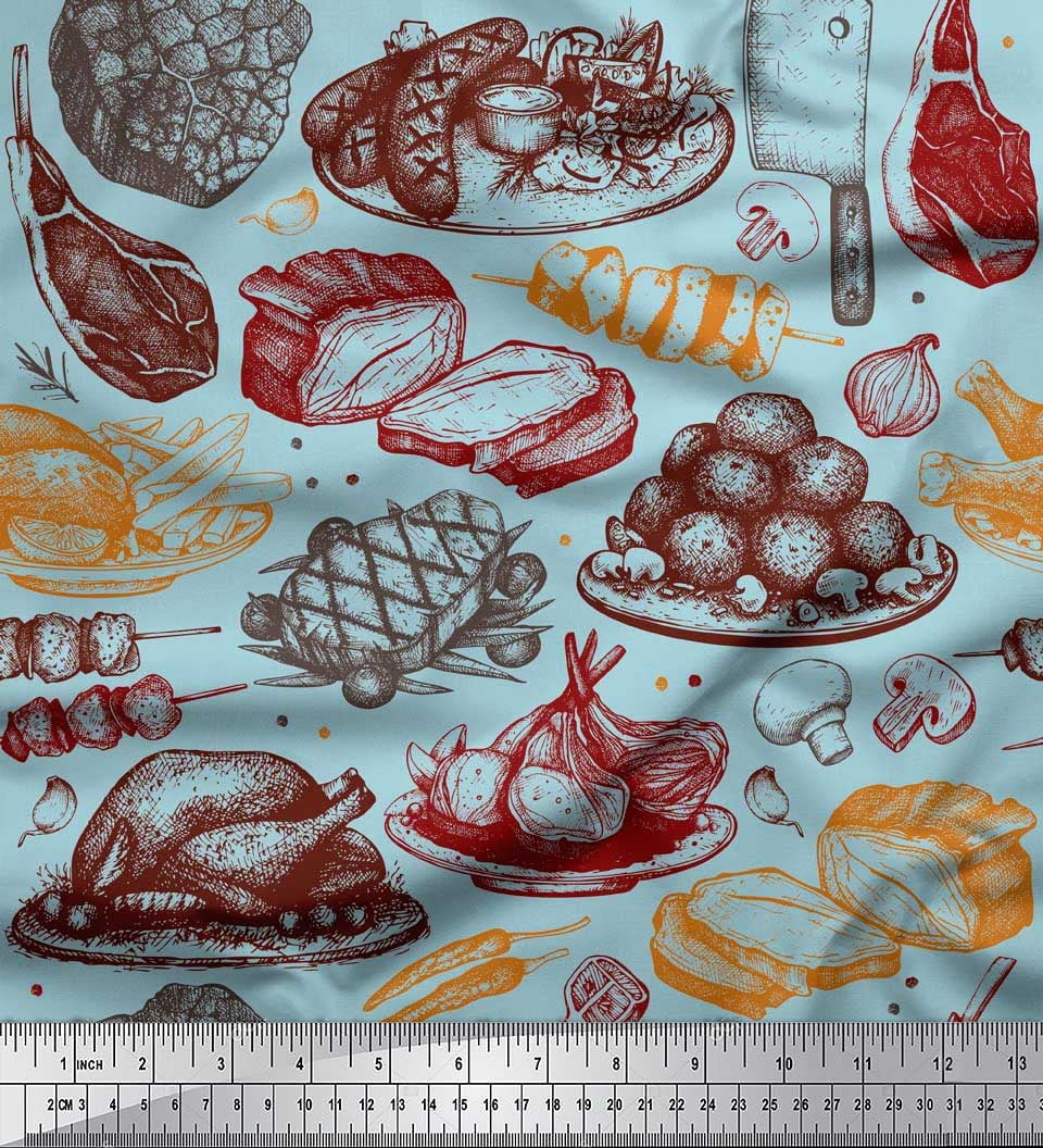 Soimoi Satin Silk Fabric Non Veg Dishes & Bread Food Print Fabric by ...