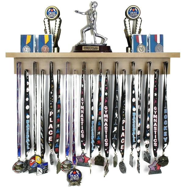Medal Awards Rack Trophy Shelf and Award Display Rack (24" Walnut ...