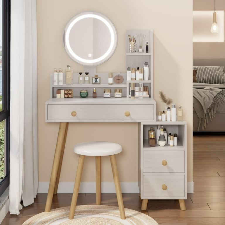 UBesGoo Makeup Vanity Table Set with 3 Color Lighted Mirror Dressing Table Vanity Desk for Bedroom Dressing Room Oak White