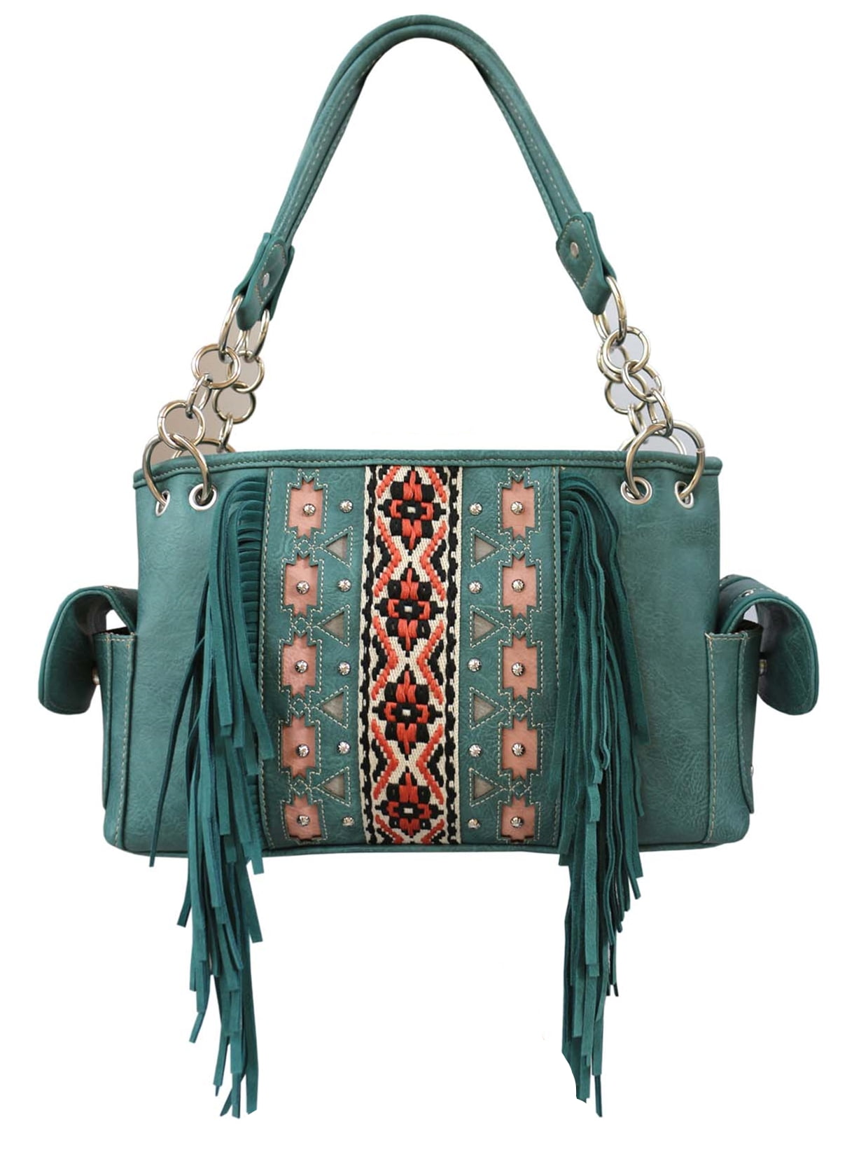 Western Tooled Leather Concho Fringe Embroidered Country Shoulder ...