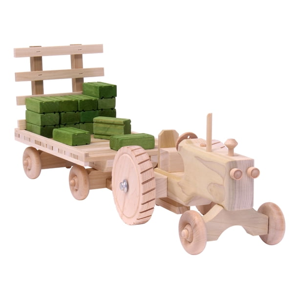 Amish-Made Wooden Toy Tractor & Hay Wagon Set with Hay Bales - Walmart.com