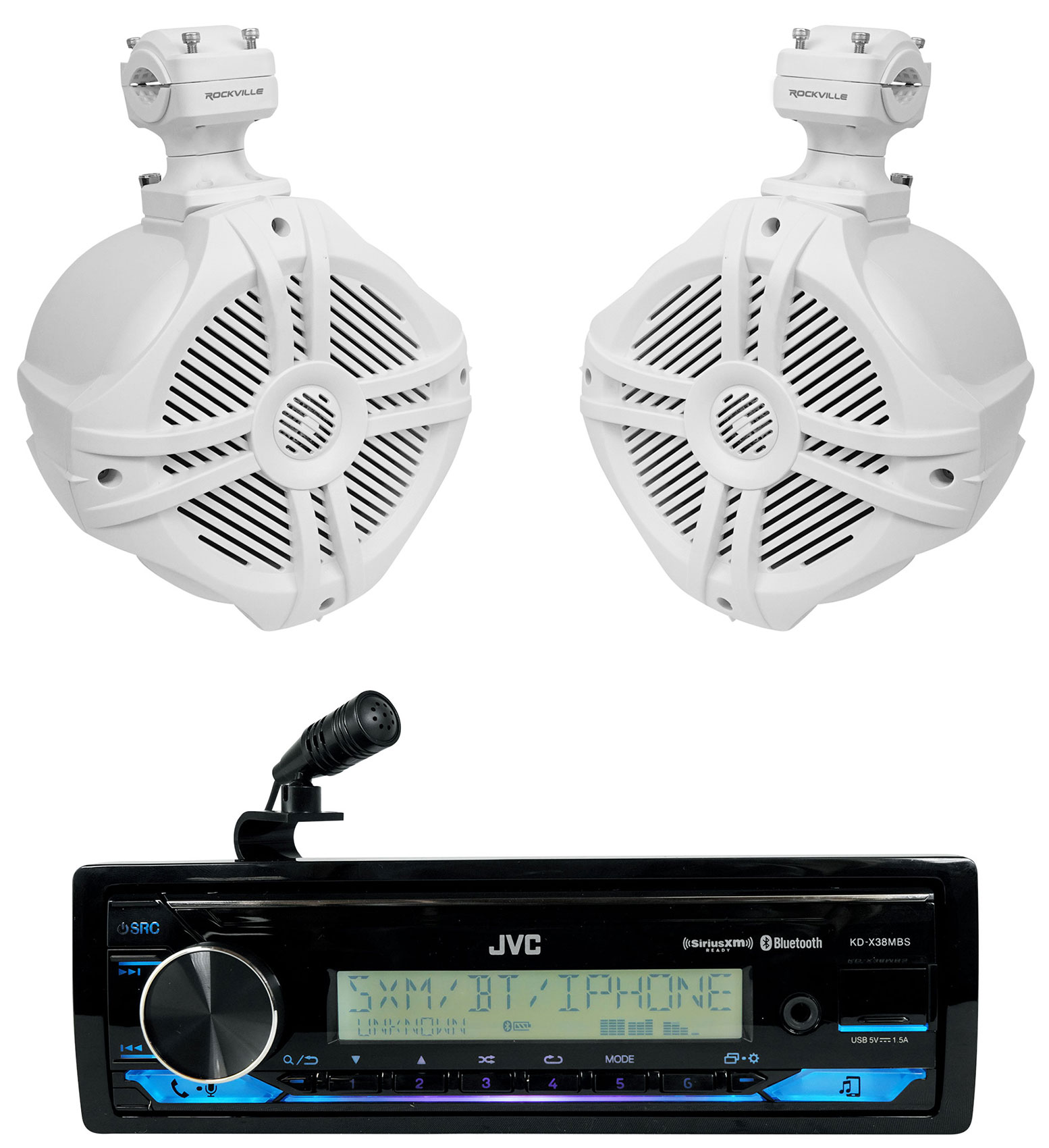 JVC KD-X38MBS 1-Din Marine Stereo Receiver w/Bluetooth+(2) 6.5" Tower ...