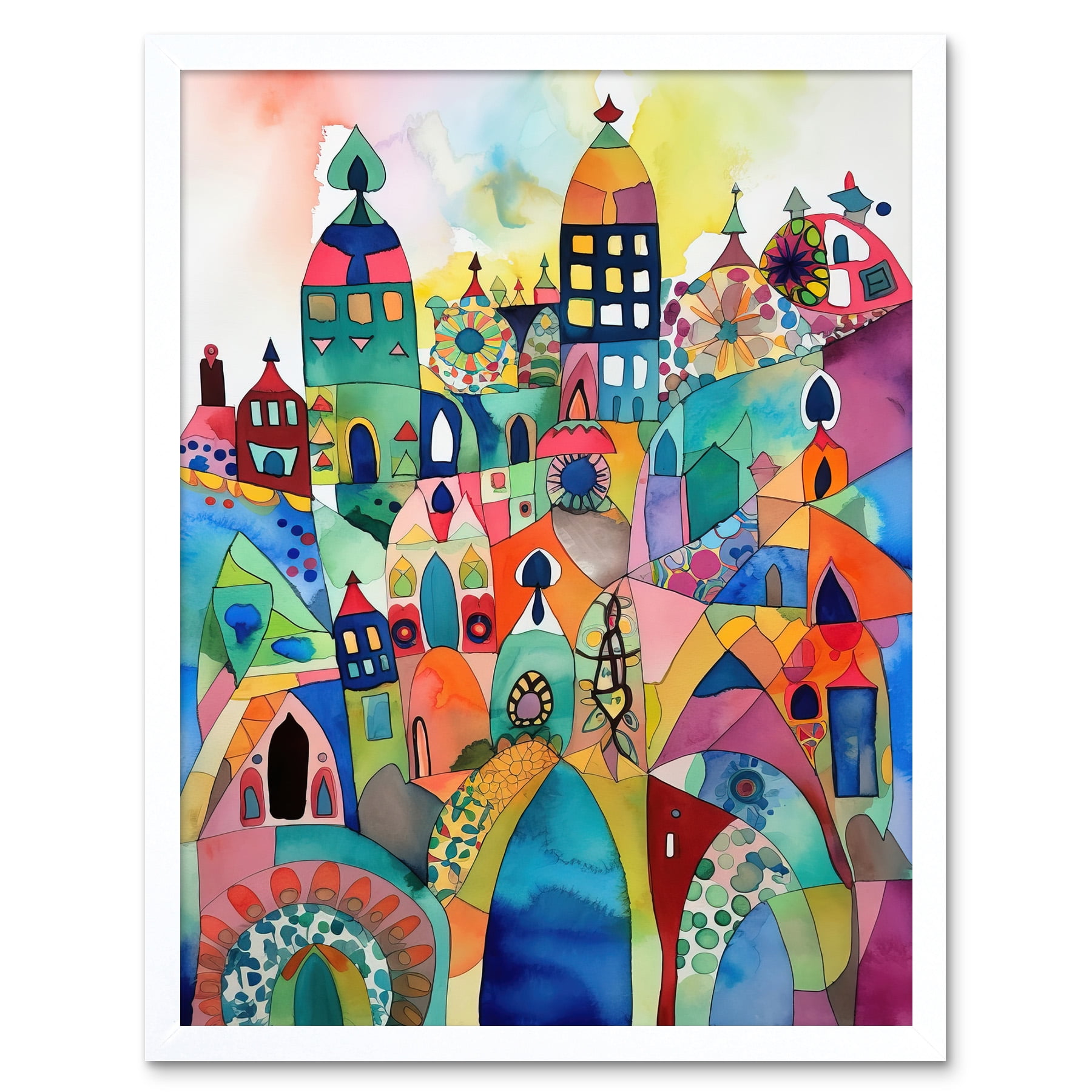 Cityscape Abstract Folk Art Vibrant Multicoloured Watercolour Painting ...