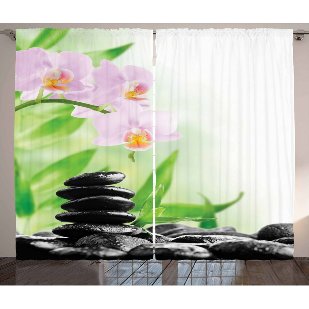 Spa Curtains 2 Panels Set, Zen Basalt Stones and Orchid with Dew ...