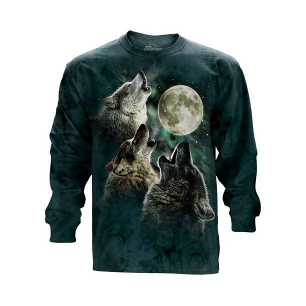 The Mountain - Green Cotton Three Wolf Moon Design Adult Long Sleeve T ...