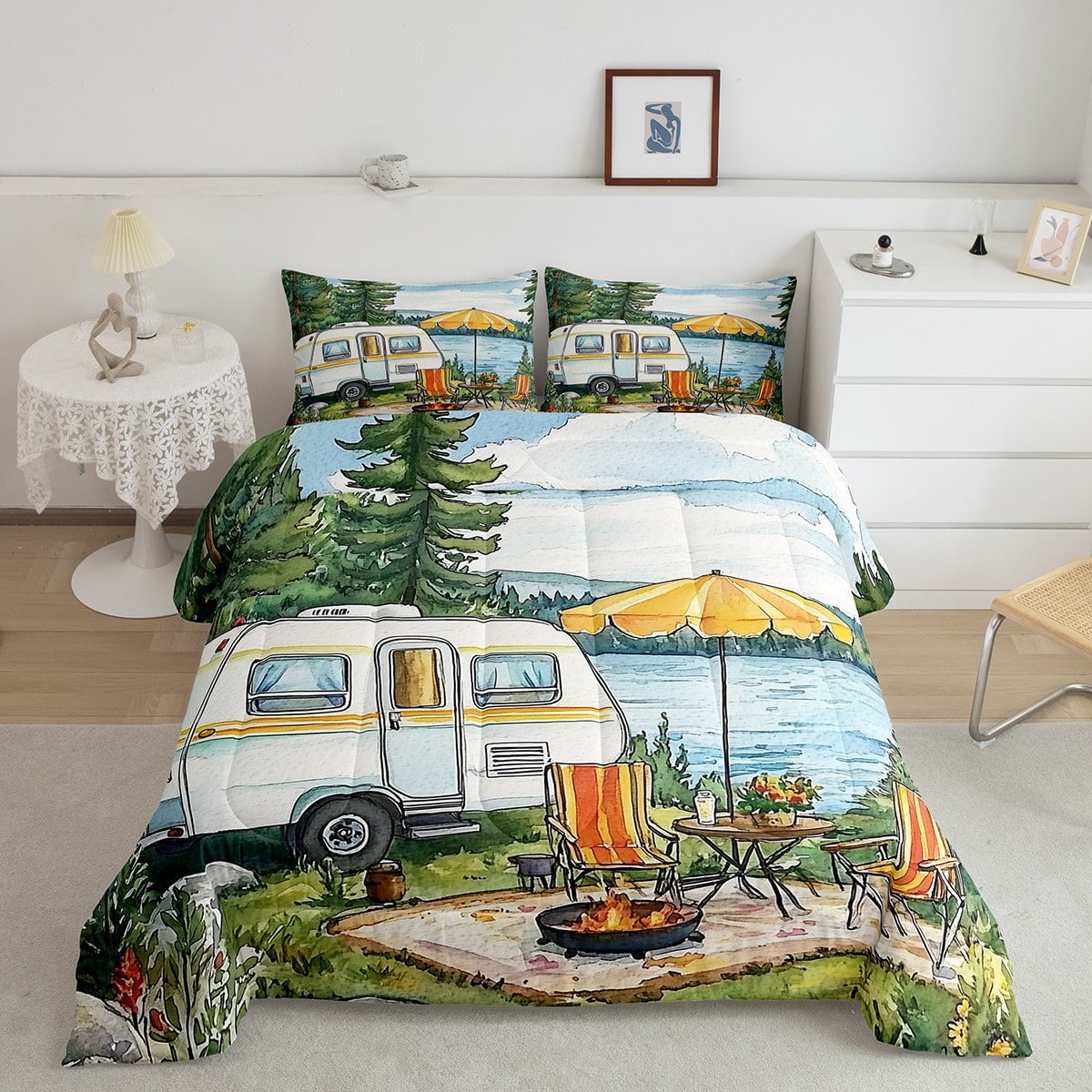 Erosebridal Rv Car Comforter Sets Twin Size  Rustic Adventure Comforters & Duvets  Camper Camping Reversible Duvet Insert  Breathable Room Decoration 