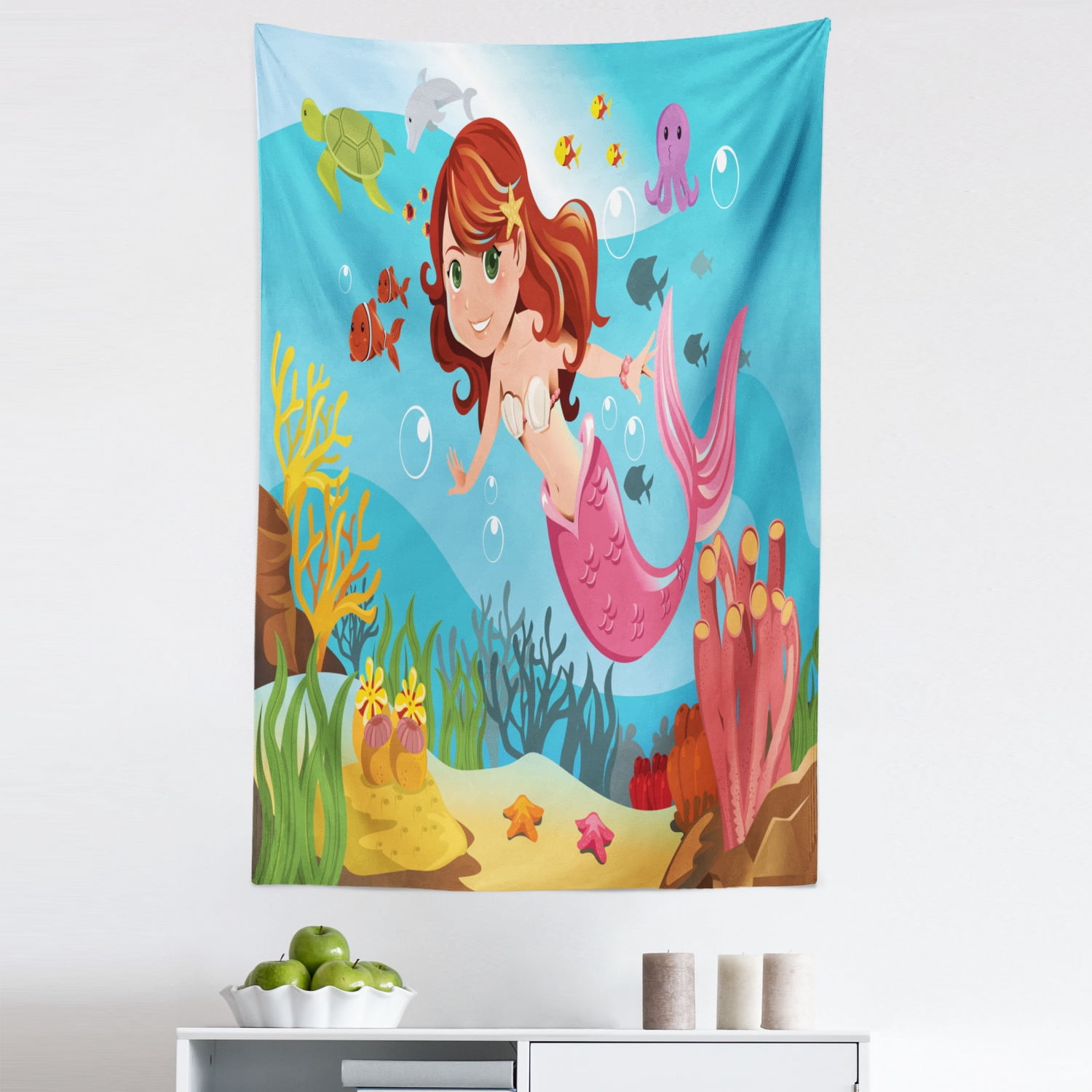 Mermaid Tapestry, Mermaid Swimming Underwater in the Ocean Smiles ...