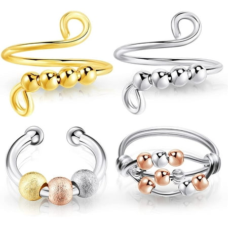 4 Pieces Silver Fidget Rings Adjustable Roll Ball Single Coil Spiral ...