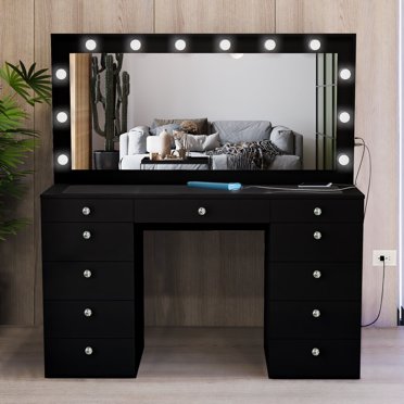 Ember Interiors Ibbie Pro Modern Lighted Vanity Table, White 11 Drawers ...