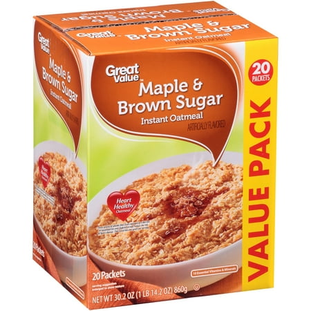 Great Value Instant Oatmeal, Maple & Brown Sugar, 30.2 Oz, 20 Ct ...