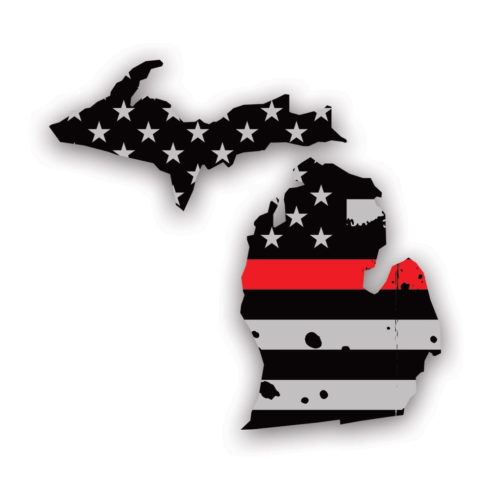 Distressed Michigan State Shaped Subdued US Flag Thin Red Line Sticker ...