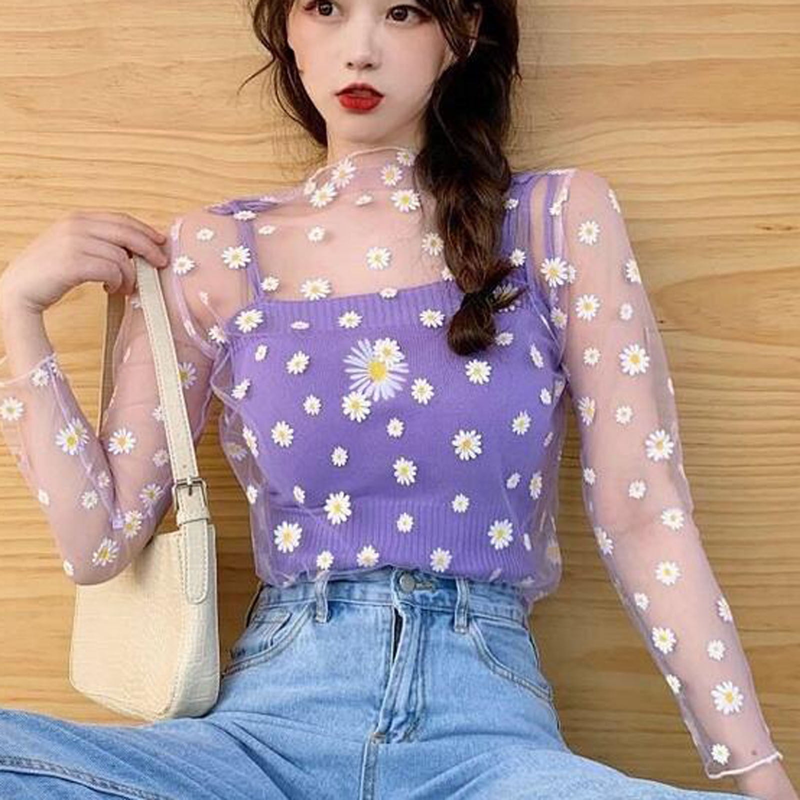 Qazqa Women Sheer Mesh Crop Tops Floral See Throught Long Sleeve T