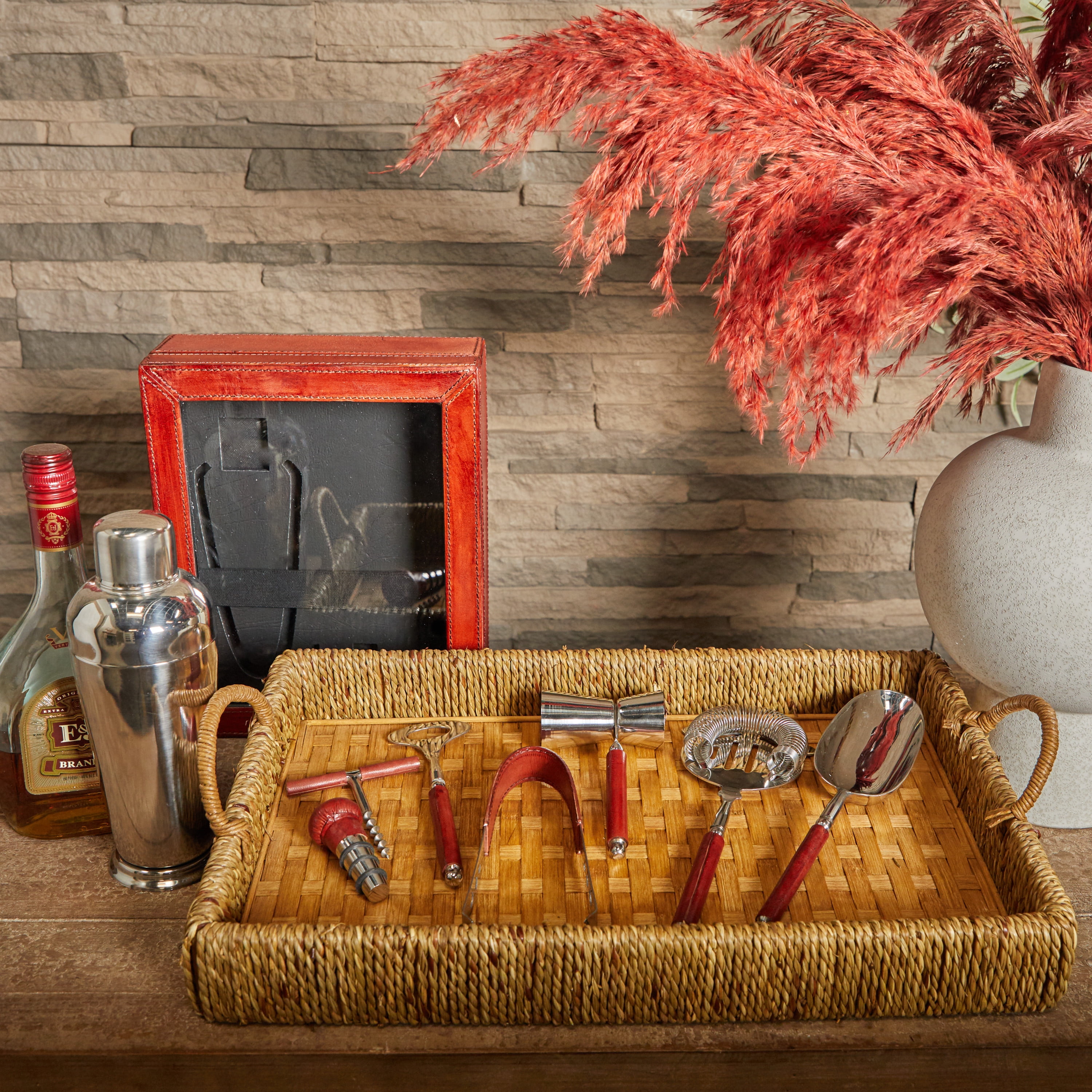 The Novogratz 9" x 3" Red Leather 7 Piece Bar Tool Set with Decorative ...
