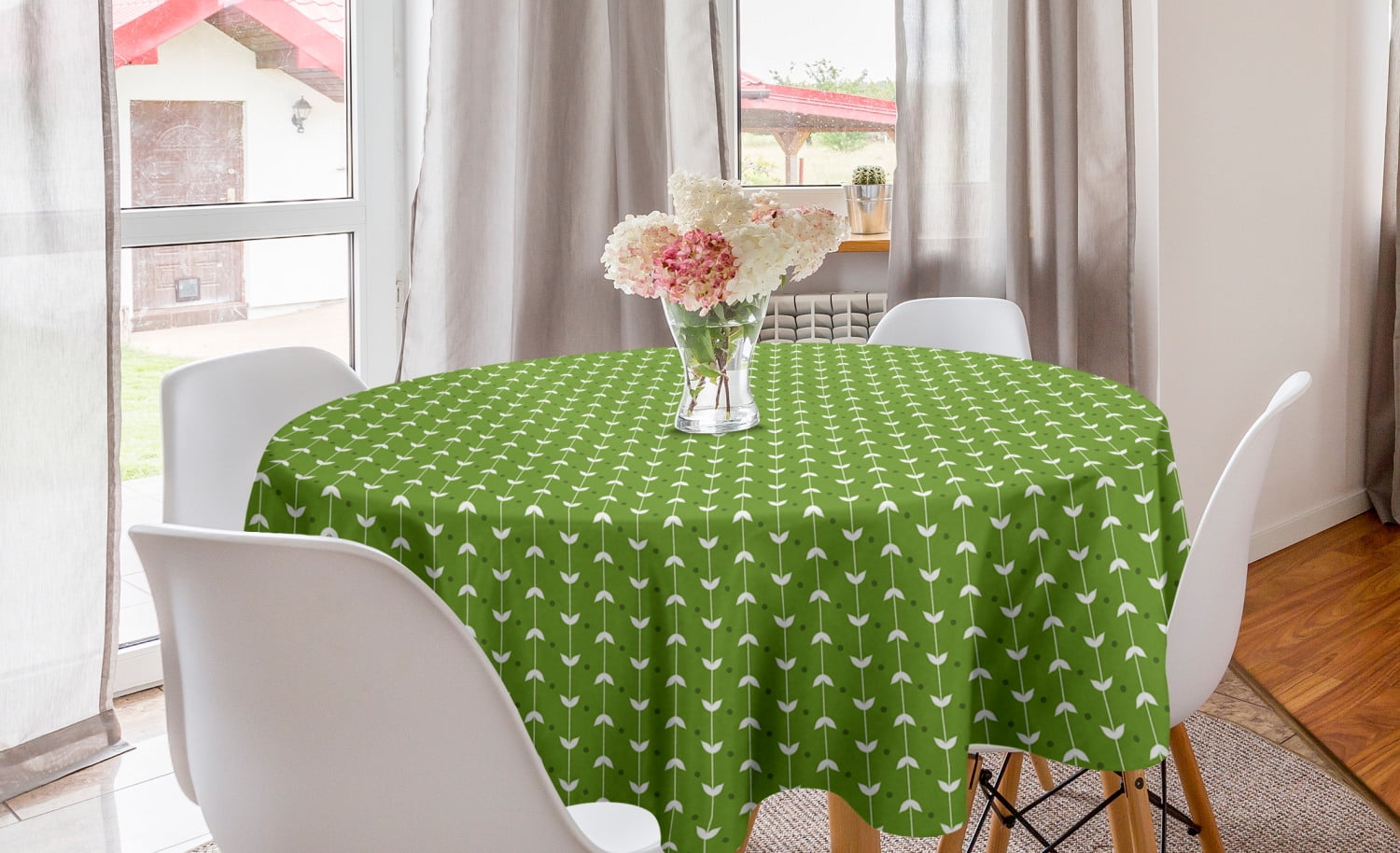 Floral Round Tablecloth, Repetitive Vertical Stripes with Leaves and ...