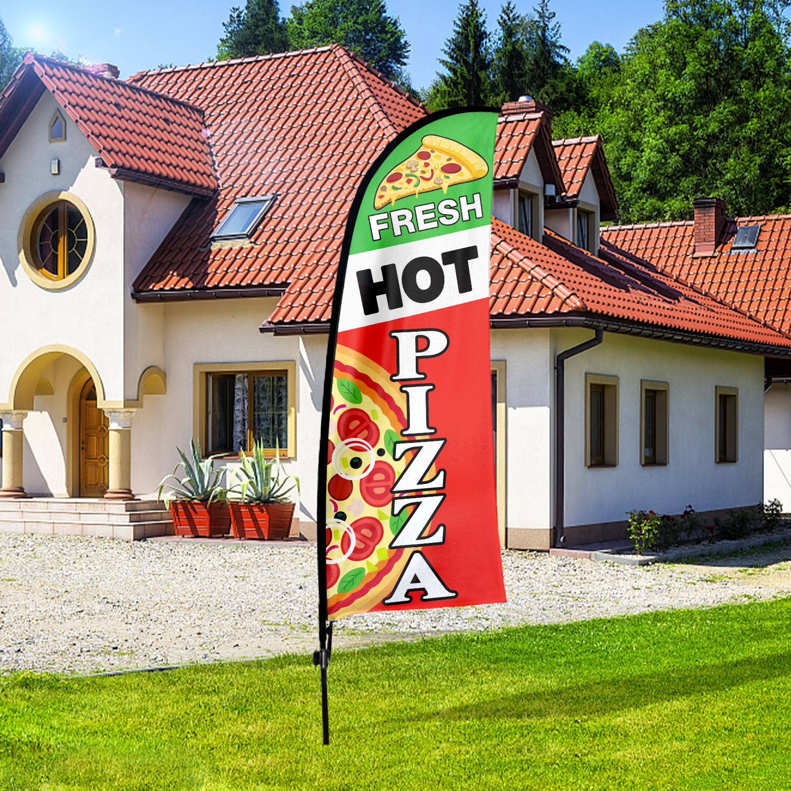 QSUM Fresh Hot Pizza Sign Feather Flag with Pole Kit,7FT Fresh Hot ...