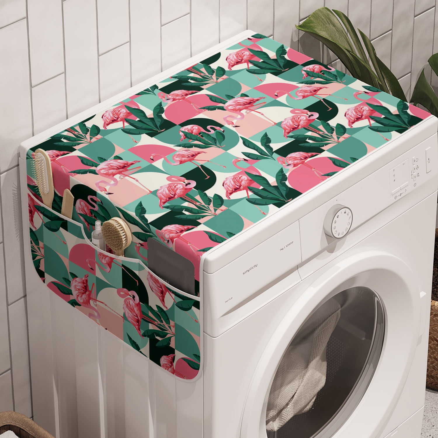 Flamingo Washing Machine Organizer, Exotic Beach Birds Fan Palm Leaves ...