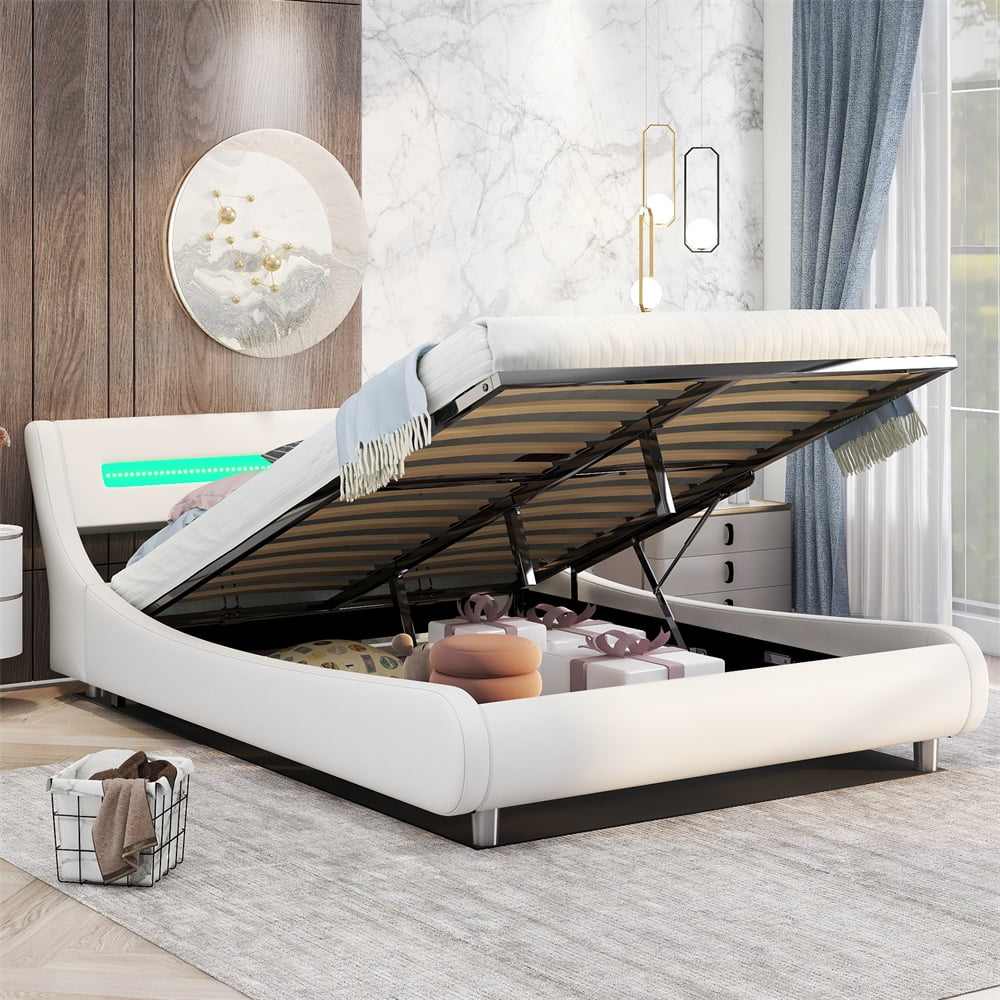 Deluxe Upholstered Platform Bed with 20 Colors LED Headboard, Full Size ...