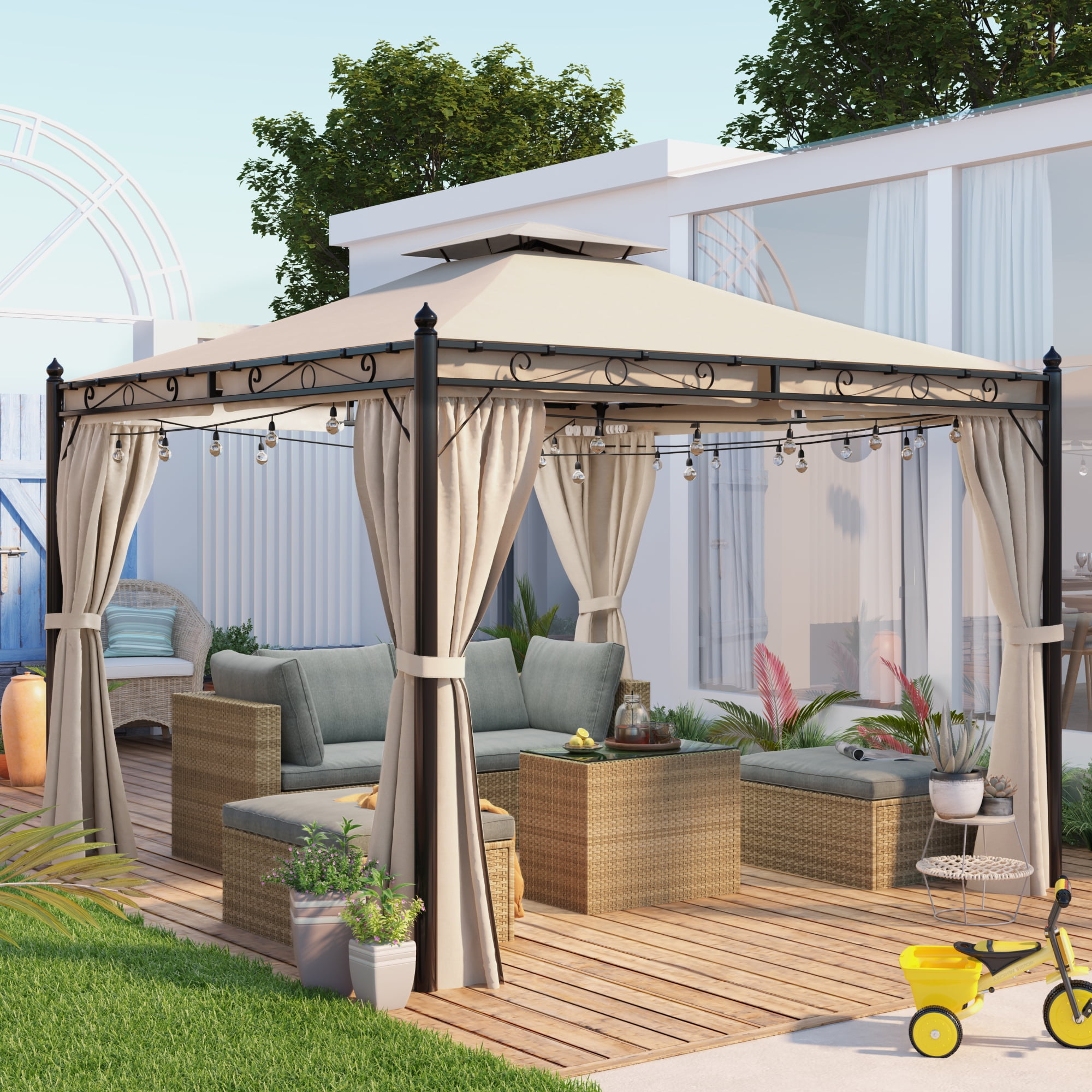 SESSLIFE Gazebo with Netting, 9.7ft x 9.7ft Double Roof Outdoor Canopy ...