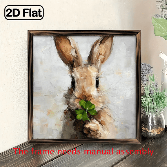 2D Flat - 8X8 Inch Wooden Framed Wall Art Featuring a Clover And Rabbit ...